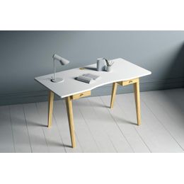 Schreibtisch WOODMAN "Nice", weiß (weiß, eichefarben, weiß), B:140cm H:75cm T:70cm, Tische, im skandinavian Design, Tischbeine aus massiver Eiche, FSC