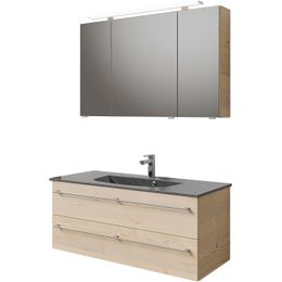 Badmöbel-Set SAPHIR "Serie 6025 2-teilig Mineralmarmor-Waschtisch mit LED-Spiegelschrank", braun (polar pinie quer nb), B:117cm H:200cm T:48cm, Spanplatte, Kastenmöbel-Sets, Waschplatz 117cm breit, 2 Schubladen, 3 Spiegel-Türen, inkl Türdämpfer