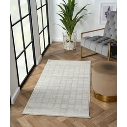 Teppich "My Wonder, LAGERRÄUMUNG", beige (creme, hellgrau, weiß), B:80cm H:10mm L:150cm, Polyester, MyFlair MÖBEL & ACCESSOIRES, Teppiche, Fransenteppich, Kurzflor, Retro-Style, besonders weich durch Microfaser, mit Fransen