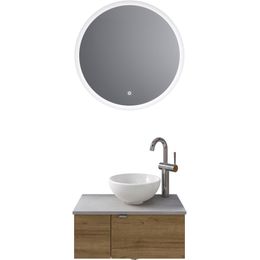 Badmöbel-Set SAPHIR "Serie 6915", grau (riviera eiche, oxid hellgrau), B:70cm H:200cm T:35cm, Kastenmöbel-Sets, Gäste-Bad, 70 cm breit, mit LED-Spiegel, offenem Fach und 2 Türen