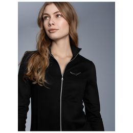 Sweatjacke TRIGEMA "TRIGEMA Jacke mit Kristallsteinen", Damen, Gr. L, schwarz, 95% Baumwolle, 5% Elastan, Sweatjacken