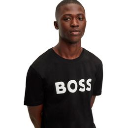T-Shirt BOSS Orange "Thinking", Herren, Gr. L, schwarz (schwarz002), Jersey, Obermaterial: 100% Baumwolle, bedruckt, unifarben, Basic hüftlang, Rundhals, eingesetzt abgesteppte Kante, Shirts, mit Logodruck