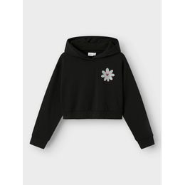 Kapuzensweatshirt name it "NKFKORY LS CROP BOXY SWE WH BRU PS NOOS", Mädchen, Gr. 116, schwarz, Sweatware, Obermaterial: 60% Baumwolle, 40% Polyester, bedruckt, relaxed fit normal, ohne Ausschnitt, Rippbündchen, Sweatshirts