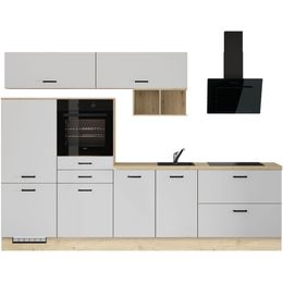 Küchenzeile IMPULS KÜCHEN ""München", Ausrichtung wählbar, Schubkästen mit Soft-Close", küche: weiß, front: weiß, korpus: eiche, nachbildung hell, arbeitsplatte: eiche, nachbildung hell, B:300cm H:213,4cm T:60cm, Komplettküchen-Sets, vormontiert, wahlweise mit E-Geräten