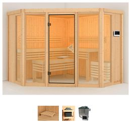 Sauna Karibu "Astrid 2", beige (naturbelassen), Saunaofen, externe Steuerung, 9 kW, Saunen, 9-kW-Ofen mit externer Steuerung