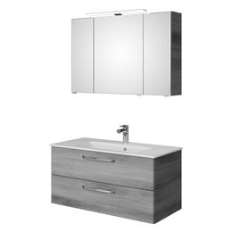 Badmöbel-Set SAPHIR "Trentino 2-tlg Mineralmarmor-Waschtisch, Spiegelschrank mit LED-Profil", grau (graphit struktur quer nb), Kastenmöbel-Sets, Badmöbel-Set 110cm breit, inkl. Türdämpfer, 3 Türen, 2 Auszügen