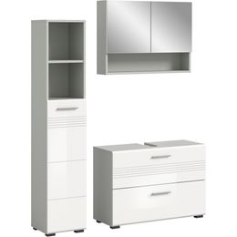 Badmöbel-Set Welltime "Calicio, bestehend aus:Waschbeckenunterschrank,Hoch-und Spiegelschrank", grau (hellgrau, weiß hochglanz), B:125cm H:190cm T:32cm, Holzwerkstoff, MDF, Kastenmöbel-Sets, Spiegelschrank, hochwertige MDF Front mit Rillenfräsung