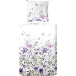 Bettwäsche Primera "Mako-Satin-Bettwäsche Alpine Garden", lila, B/L: 135cm x 200cm, 1 Stk., 1 Stk., Mako-Satin, B/L: 80cm x 80cm, 2 Stk., Mako-Satin, Obermaterial: 100% Baumwolle, Bettwäsche, mit kunstvollen Blumen