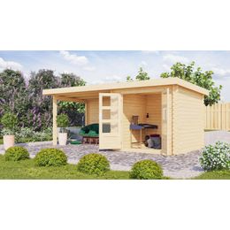 Gartenhaus Karibu "Schloßsee 2", beige (naturbelassen), ohne Fußboden, Rückwand, ohne Dacheindeckung, Holzwerkstoff, Gartenhäuser, mit Anbaudach und Rückwand