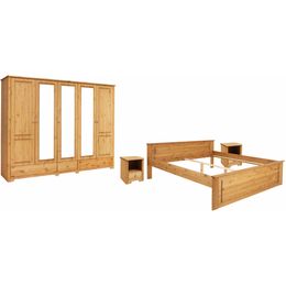 Schlafzimmer-Set Home Affaire "Hugo", beige (natur geölt), B/H: 180cm x 200cm, Schlafzimmermöbel-Sets, Bett 180x200 cm, 5-trg Kleiderschrank und 2 Nachttische, Topseller
