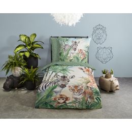 Kinderbettwäsche Good Morning "Thabo", grün, B/L: 135cm x 200cm, 1 Stk., 1 Stk., Renforcé, B/L: 80cm x 80cm, 2 Stk., Renforcé, Obermaterial: 100% Baumwolle, Bettwäsche, Baumwolle, 135x200, Wende, Kind, Zebra Giraffe Löwe Affe, safari, grün