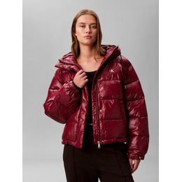 Steppjacke Calvin Klein Jeans "SHINE PUFFER", Damen, Gr. L (42), tawny port, Web, Obermaterial: 100% Polyamid, unifarben, regular fit taillenbedeckt, hoch geschlossener Ausschnitt, angesetztes Bündchen mit Druckknöpfen, Jacken, regular fit, mit Kapuze, glänzendes Material