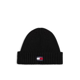 Beanie Tommy Jeans "TJM HERITAGE CORE", Damen, schwarz, Strick, Baumwolle, Mützen, Rippstrick, Umschlag, normale Passform