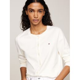 Cardigan Tommy Hilfiger "CO JERSEY STITCH CARDIGAN", Damen, Gr. XS (34), weiß (ivory petal), Feinstrick, Obermaterial: 67% Baumwolle, 33% Polyamid, unifarben, regular fit hüftlang, Rundhals, Rippstrickbündchen, Strickjacken, mit Logostickerei