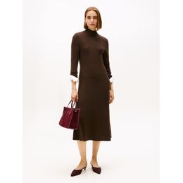 Strickkleid Tommy Hilfiger "SOFT WOOL LS MOCK-NK SWT DRESS", Damen, Gr. L (40), N-Gr, braun (schwarz coffee), Feinstrick, Obermaterial: 100% Wolle, unifarben, Rundhals, Kleider, aus reiner Wolle