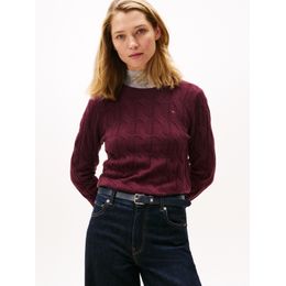 Strickpullover Tommy Hilfiger "SOFT WOOL CABLE C-NK", Damen, Gr. XXXL(46), deep burgundy, Strick, Obermaterial: 100% Wolle, unifarben, normal, Rundhals, Bündchen, Pullover, mit Zopfmuster, aus reiner Wolle, Topseller