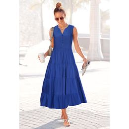 Maxikleid Lascana, Damen, Gr. 34, N-Gr, blau (royalblau), Web, Obermaterial: 100% Viskose, unifarben, figurumspielend kn&ouml;chellang, V-Ausschnitt, Kleider Maxikleid, mit Volants