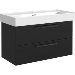 Waschtisch Welltime "SALVADA, Softclose-Auszüge, Keramikbecken", schwarz, schwarz, B:100cm H:62,5cm T:47,6cm, Waschtische, Schwarz, Lochbohrung für eine Armatur, Anti-Finger-Print