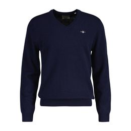 V-Ausschnitt-Pullover Gant "EXTRAFINE LAMBSWOOL V-NECK", Herren, Gr. S, blau (marine), Feinstrick, Obermaterial: 90% Wolle, 10% Polyamid, normal hüftlang, V-Ausschnitt, Rippstrickbündchen, Pullover, mit Logostickerei
