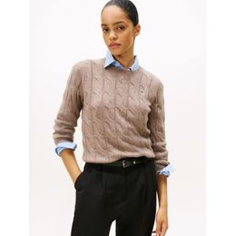 Strickpullover Tommy Hilfiger "SOFT WOOL CABLE C-NK", Damen, Gr. L (40), heatherot taupe, Strick, Obermaterial: 100% Wolle, unifarben, normal, Rundhals, Bündchen, Pullover, mit Zopfmuster, aus reiner Wolle, Topseller