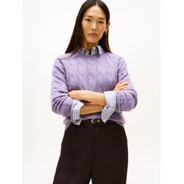 Strickpullover Tommy Hilfiger "SOFT WOOL CABLE C-NK", Damen, Gr. L (40), lila heather, Strick, Obermaterial: 100% Wolle, unifarben, normal, Rundhals, Bündchen, Pullover, mit Zopfmuster, aus reiner Wolle, Topseller