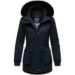 Wintermantel Marikoo "Olessaa", Damen, Gr. M (38), blau, Obermaterial: 100% Baumwolle, Futter: 100% Polyester, Wattierung: 100% Polyester, Ärmelfutter: 100% Polyester, Kunstfell: 90% Polyacryl, 10% Polyester, figurbetont Po-bedeckend, hoch geschlossener Ausschnitt, Ärmel ohne Ärmelschlitz Windstopperbündchen mit Gummizug, Mäntel, Sportlicher Baumwoll-Parka für den Winter