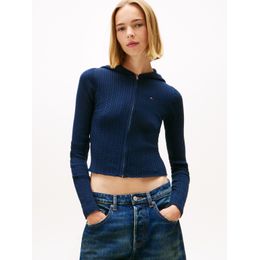 Strickjacke Tommy Jeans "TJW ESSENTIAL ZIPPER HOOD CARDI", Damen, Gr. L (40), blau (schwarz night navy), Strick, Obermaterial: 65% Baumwolle, 35% Polyamid, unifarben, regular fit taillenlang, Rundhals, Strickjacken, mit Zopfstrickmuster und Kapuze