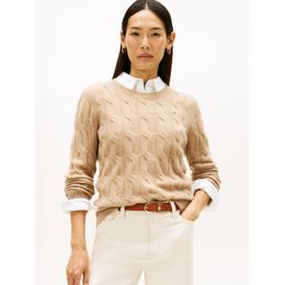 Strickpullover Tommy Hilfiger "SOFT WOOL CABLE C-NK", Damen, Gr. L (40), safari canvas heather, Strick, Obermaterial: 100% Wolle, unifarben, normal, Rundhals, Bündchen, Pullover, mit Zopfmuster, aus reiner Wolle, Topseller
