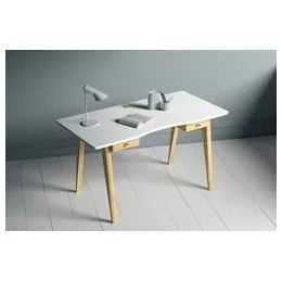 Schreibtisch WOODMAN "Nice", weiß (weiß, eichefarben, weiß), B:140cm H:75cm T:70cm, Tische, im skandinavian Design, Tischbeine aus massiver Eiche, FSC
