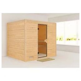 Sauna Karibu "Soraja", beige (naturbelassen), ohne Ofen, (ohne Ofen), Saunen, ohne Ofen