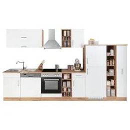 Küchenzeile KOCHSTATION "KS-Colmar", weiß (küche: braun, korpus: wotaneichfarben, arbeitsplatte: wotaneichfarben), B:360cm T:60cm, Komplettküchen-Sets, mit E-Geräten, Breite 360 cm