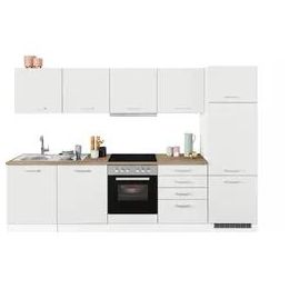 Küchenzeile KOCHSTATION "KS-Visby", weiß (küche: weiß, korpus: weiß, arbeitsplatte: eiche sonoma), B:300cm T:60cm, Komplettküchen-Sets, mit E-Geräten, Breite 300 cm inkl. Kühlschrank