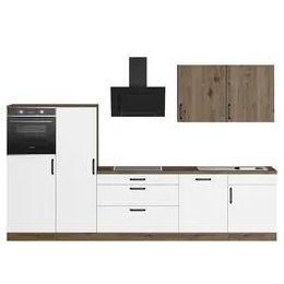 Wiho-Küchen Küchenzeile WIHO KÜCHEN "Elba", weiß (küche: weiß, korpus: halifax eichefarben braun, arbeitsplatte: eichefarben braun), B:330cm T:60cm, Komplettküchen-Sets, wahlweise mit Hanseatic E-Geräten, Breite 330 cm
