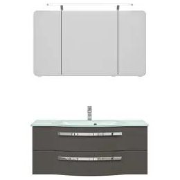 Badmöbel-Set SAPHIR "Serie 4005, vormontiert, Glaswaschbecken, Spiegelschrank", grau (lack steingrau hochglanz), Holzwerkstoff, Kastenmöbel-Sets, Badezimmer Set 117 cm breit, inkl. Türdämpfer, 3 Türen, 2 Schubladen