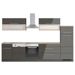 Küchenzeile KOCHSTATION "KS-Wien", küche: grau, front: hochglanz grau, korpus: grafit, arbeitsplatte: eiche sonoma, B:330cm H:200cm T:60cm, Komplettküchen-Sets, Breite 330 cm, wahlweise mit E-Geräten