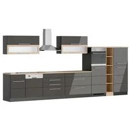Küchenzeile KOCHSTATION "KS-Wien", küche: grau, front: hochglanz grau, korpus: grafit, arbeitsplatte: eiche sonoma, B:440cm H:200cm T:60cm, Komplettküchen-Sets, Breite 440 cm, wahlweise mit E-Geräten