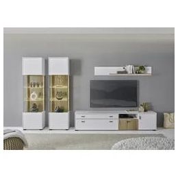 Wohnwand Inosign "HUDSON", weiß (weiß matt tz, applikation evoke eiche mdf tz), B:316cm H:180cm T:42cm, Kastenmöbel-Sets, mit moderner Rillenoptik, Griffe aus Metall (Schwarz), Breite 316 cm
