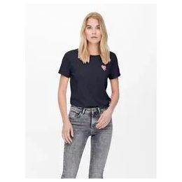 Kurzarmshirt Only "ONLKITA LIFE S/S TOP NOOS", Damen, Gr. XS, blau (night sky print:rose gold glitter heart), Jersey, Obermaterial: 100% Baumwolle, bedruckt, regular fit normal, Rundhals, Shirts, regular fit, casual, Single Jersey, Baumwolle, Rundhals