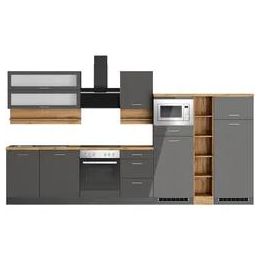 Küchenzeile KOCHSTATION "KS-Milan", küche: grau, front: grau hochglanz, korpus: grafitgrau, arbeitsplatte: wotaneiche, B:370cm H:200cm T:60cm, Komplettküchen-Sets, 370 cm breit, robuste Metallauszüge, viel Stauraum