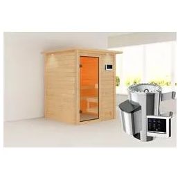 Sauna Karibu ""Sandy" mit bronzierter Tür und Kranz, naturbelassen", naturbelassen, Saunaofen, externe Steuerung, 230 kW, Saunen, aus hochwertiger nordischer Fichte