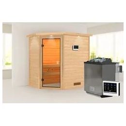 Sauna Karibu ""Juli" mit bronzierter Tür und Kranz SET, naturbelassen mit Ofen 9 kW", naturbelassen, Bio-Kombiofen, externe Steuerung, 400 kW, Saunen, aus hochwertiger nordischer Fichte
