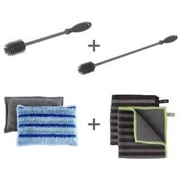 Reinigungstücher Wenko "Universal, Spül-Set", bunt (spülschwämme: blau, grau, mikrofasertücher: grau, schwarz, spülbürsten: grau), H:380mm Ø:3,5cm, gewebt, Mikrofaser, Putztücher, mit Spülbürsten aus Silikon
