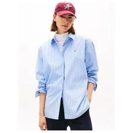 Hemdbluse Tommy Hilfiger "ESS POPLIN EASY FIT SHIRT", Damen, Gr. 40, blau (sile stp, vessel blau), Popeline, Obermaterial: 100% Baumwolle, gestreift, normal hüftbedeckend, Ärmel mit Ärmelschlitz 1-Knopf-Manschette, Blusen, mit abgerundetem Saum