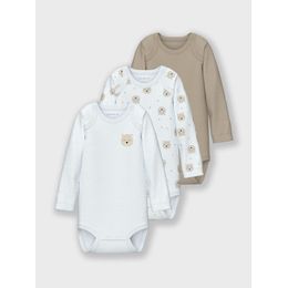 Body name it "NBNBODY 3P LS OXFORD BEAR NOOS", Baby, Gr. 50, N-Gr, braun (oxford tan), Sweatware, Obermaterial: 100% Baumwolle, bedruckt, slim fit, Bodys