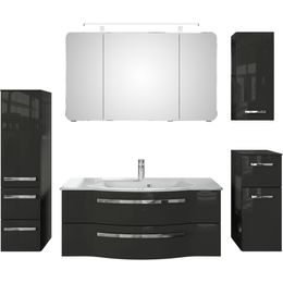 Badmöbel-Set SAPHIR "Serie 4005, vormontiert, Glaswaschbecken, Spiegelschrank", grau (lack steingrau hgl, quarzgrau hgl), Holzwerkstoff, Kastenmöbel-Sets, Badezimmer-Set mit Unterschrank, Hängeschrank, Midischrank, Türdämpfer