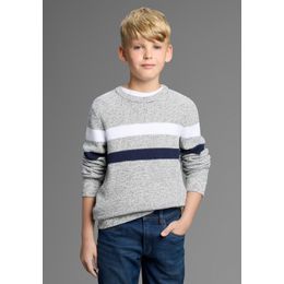 Strickpullover Bruno Banani "Ringelpullover in modischer Strickstruktur", Jungen, Gr. 152/158, blau meliert, Grobstrick, Obermaterial: 100% Baumwolle, geringelt, Basic, Rundhals, Rippbündchen, Pullover, NEU: Bruno Banani für TEENS Pullover in Melangeware