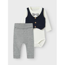Body name it "NBMADAM LS BODY SET NOOS", Baby, Gr. 80, N-Gr, schwarz sapphire detail:with stripe pant, Sweatware, Obermaterial: 95% Baumwolle, 5% Elasthan, normal, Rundhals, gerader Abschluss, Bodys