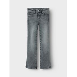 Bootcut-Jeans name it "NKFPOLLY SKINNY BOOT JEANS 1142-AU NOOS", Mädchen, Gr. 104, N-Gr, blau (light grau denim), Denim/Jeans, Obermaterial: 67% Baumwolle, 28% Polyester, 3% Viskose, 2% Elasthan, Abriebeffekte, skinny fit knöchellang, Jeans, mit Stretch