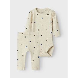 Body name it "NBFNUTTI LS BODY SET", Baby, Gr. 80, N-Gr, beige (peyote melange), Sweatware, Obermaterial: 95% Baumwolle, 5% Elasthan, bedruckt, regular fit, Rundhals, Bodys