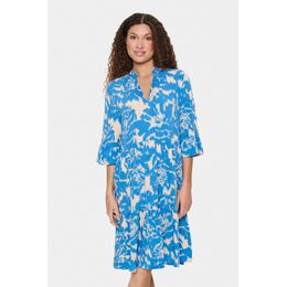 Blusenkleid Saint Tropez "EdaSZ Dress", Damen, Gr. XXL, N-Gr, blau (campanula water blooms), Web, Obermaterial: 100% Viskose, geblümt, knieumspielend, V-Ausschnitt, Volant, Kleider, Sommerkleid, Tunikakleid mit Volant und 3/4 Ärmel